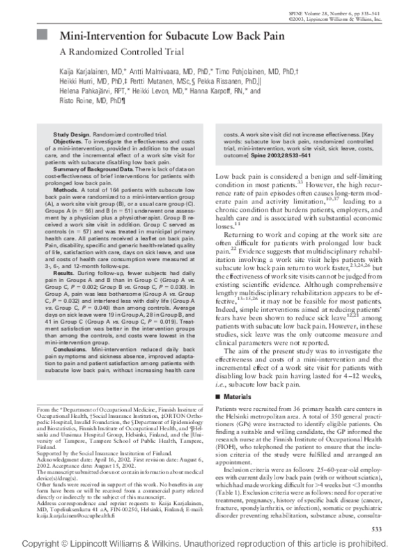 (PDF) Mini-Intervention for Subacute Low Back Pain | Helena Pahkajärvi ...