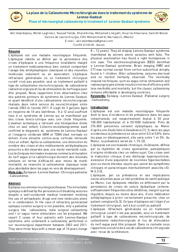 (PDF) La place de la Callosotomie Microchirurgicale dans le traitement ...
