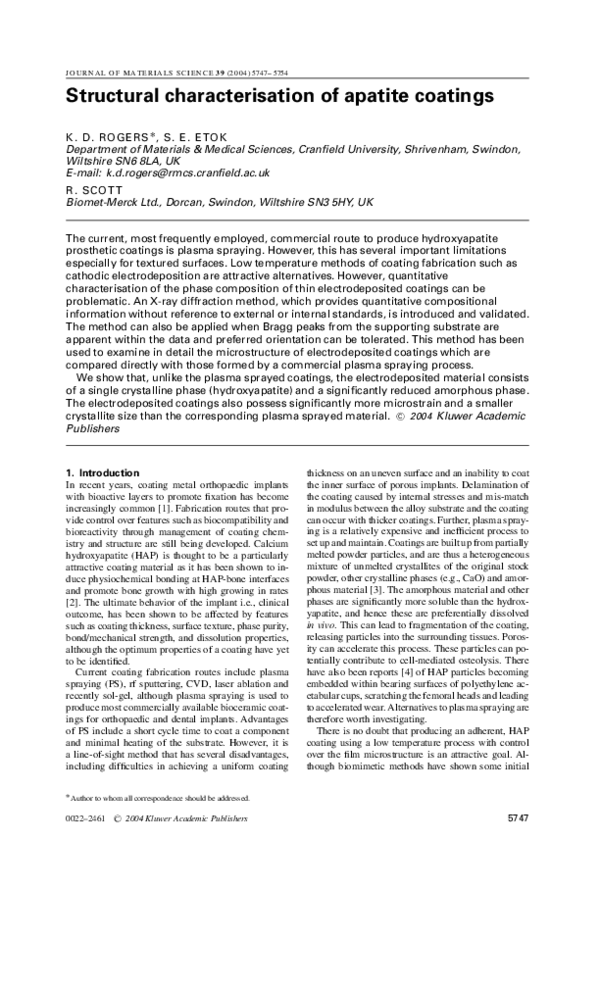 (PDF) Structural characterisation of apatite coatings (PDF) Structural characterisation of apatite coatings