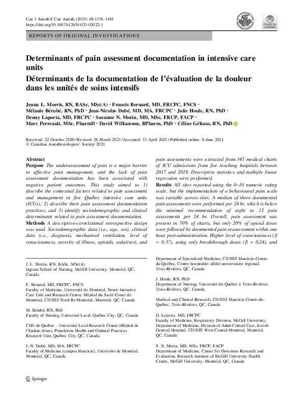 (PDF) Determinants of pain assessment documentation in intensive care units