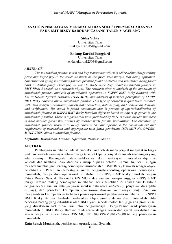 (PDF) Analisis Pembiayaan Murabahah dan Solusi Permasalahannya pada BMT Rizky Barokah Cabang ...
