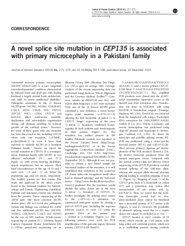 (PDF) A novel splice site mutation in CEP135 is associated with primary ...