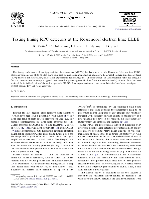 (PDF) Testing timing RPC detectors at the Rossendorf electron linac ELBE