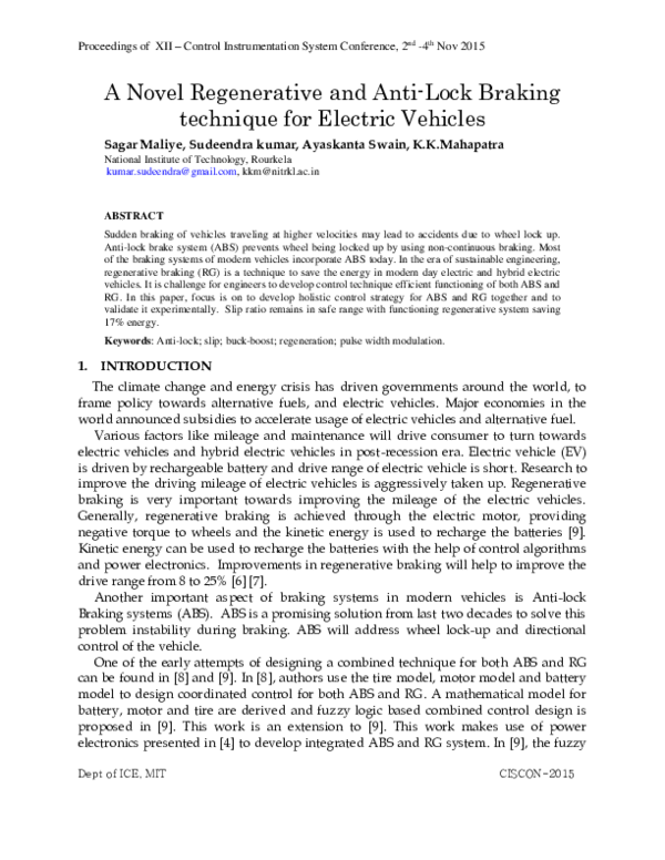 (PDF) A Novel Regenerative and Anti-Lock Braking technique for Electric ...