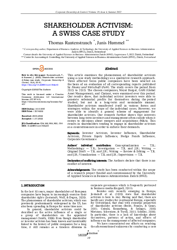 (PDF) Shareholder activism: A Swiss case study