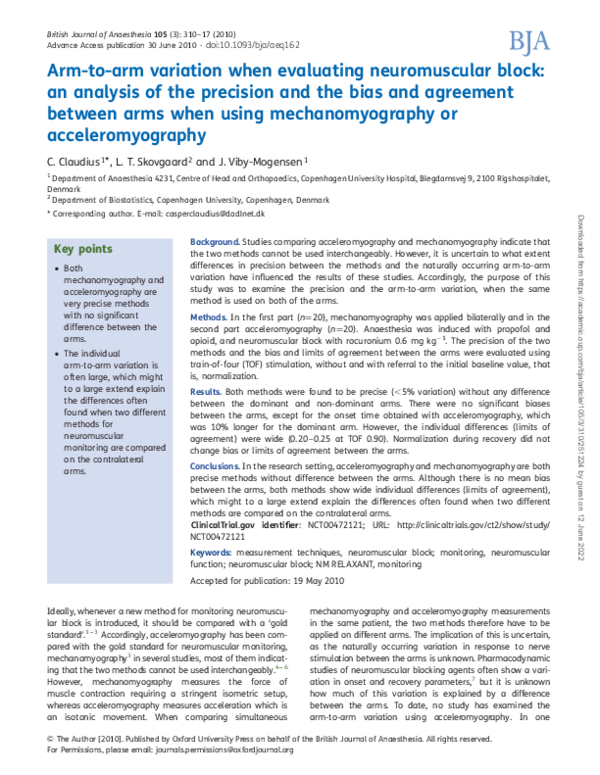 (PDF) Arm-to-arm variation when evaluating neuromuscular block: an ...