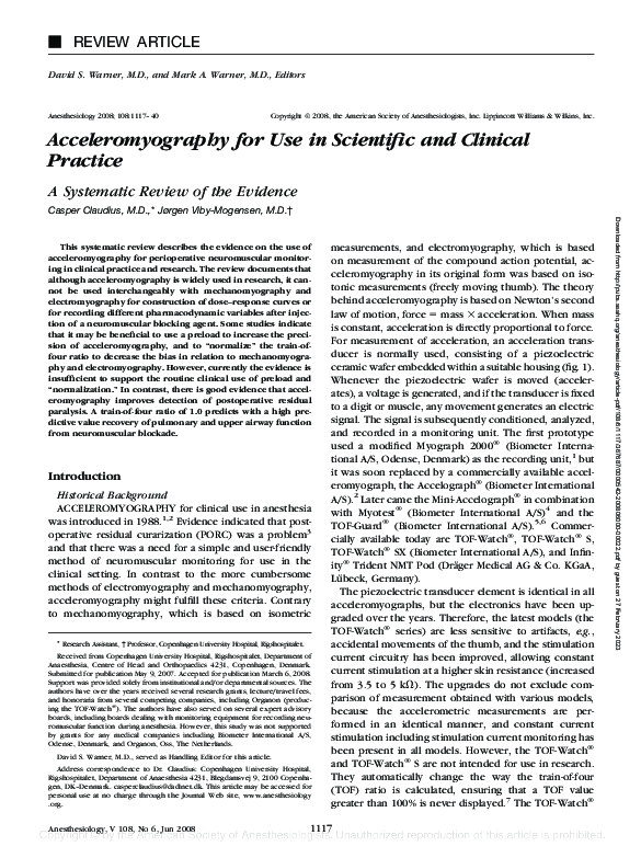 (PDF) Acceleromyography for Use in Scientific and Clinical Practice ...