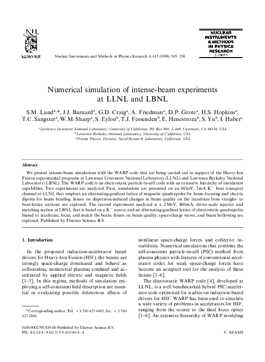 (PDF) Numerical simulation of intense-beam experiments at LLNL and LBNL