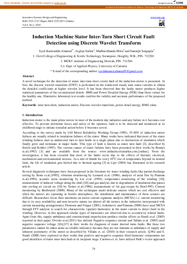 Pdf Induction Machine Stator Inter Turn Short Circuit Fault Detection Using Discrete Wavelet