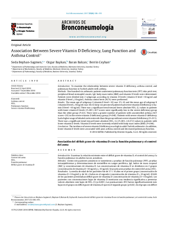 (PDF) Association Between Severe Vitamin D Deficiency, Lung Function ...