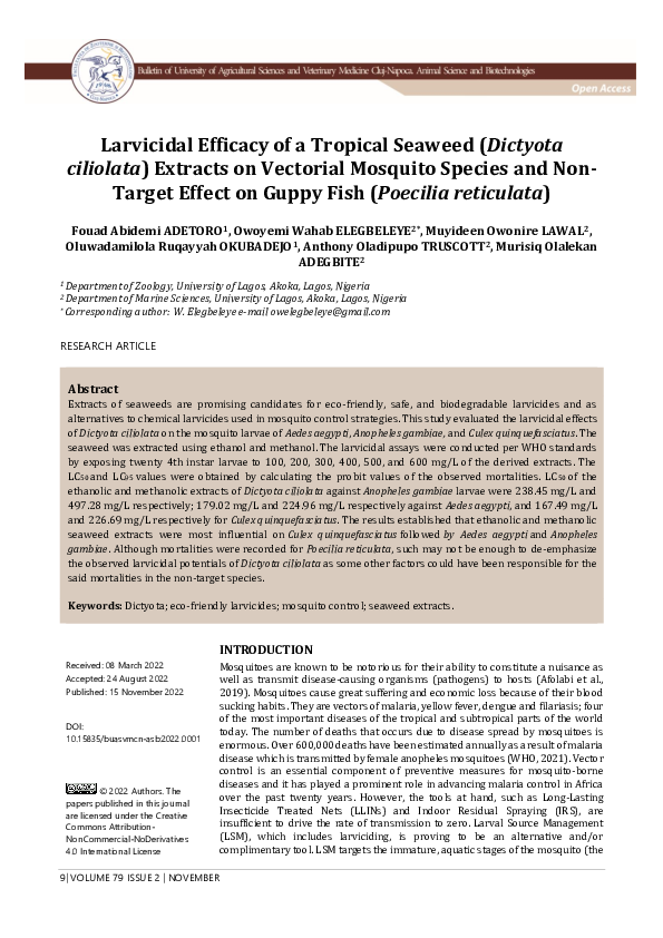 (PDF) Larvicidal Efficacy of a Tropical Seaweed (Dictyota ciliolata ...