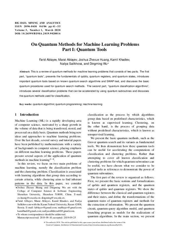 (PDF) On quantum methods for machine learning problems part I: Quantum ...