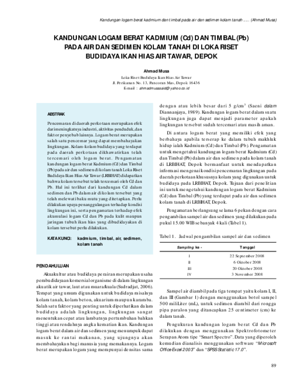 (PDF) KANDUNGAN LOGAM BERAT KADMIUM (Cd) DAN TIMBAL (Pb) PADA AIR DAN ...