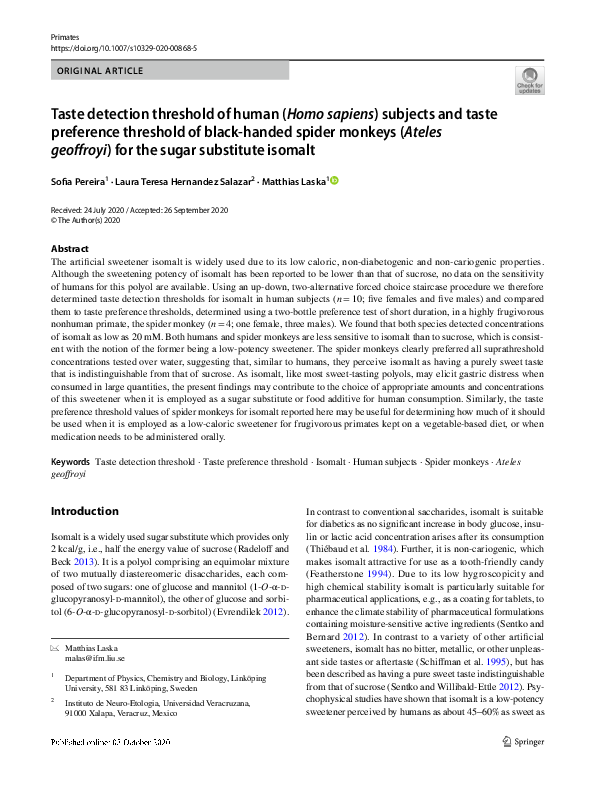 (PDF) Taste detection threshold of human (Homo sapiens) subjects and ...