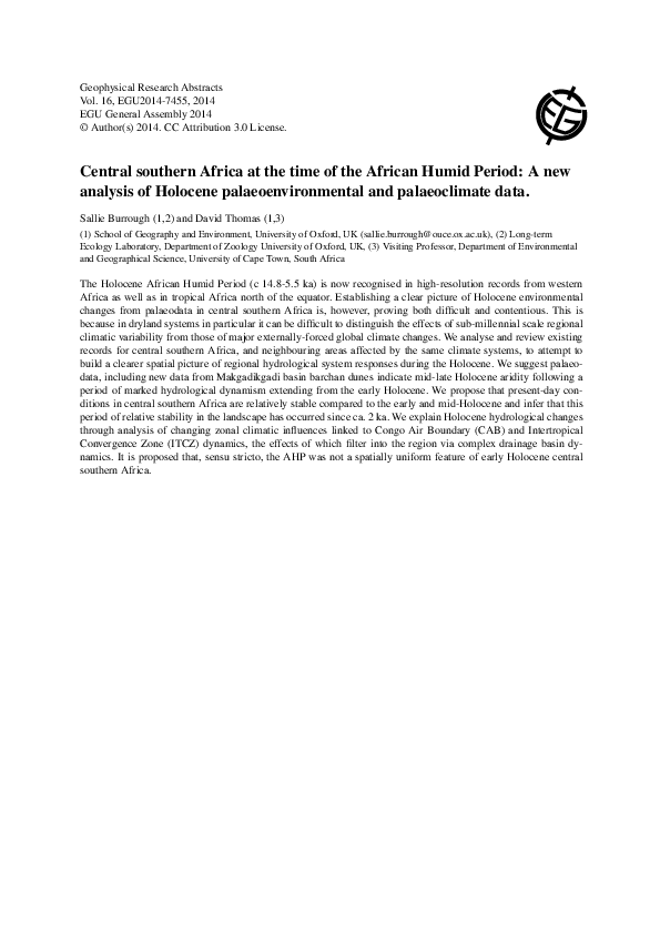 (PDF) Central southern Africa at the time of the African Humid Period ...