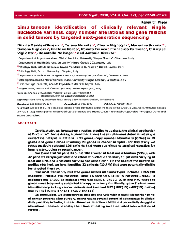 (PDF) Simultaneous identification of clinically relevant single nucleotide variants, copy number ...
