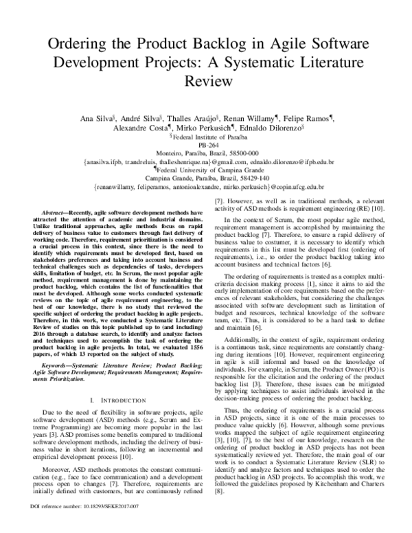 Pdf Ordering The Product Backlog In Agile Software Development Projects A Systematic