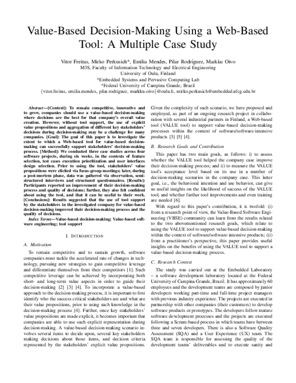 Pdf Value Based Decision Making Using A Web Based Tool A Multiple