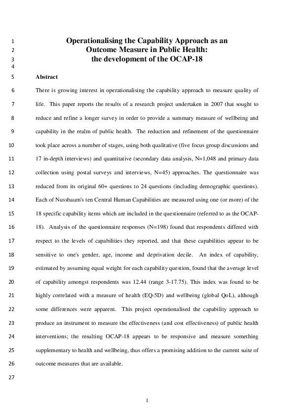 (PDF) Operationalising the capability approach as an outcome measure in ...