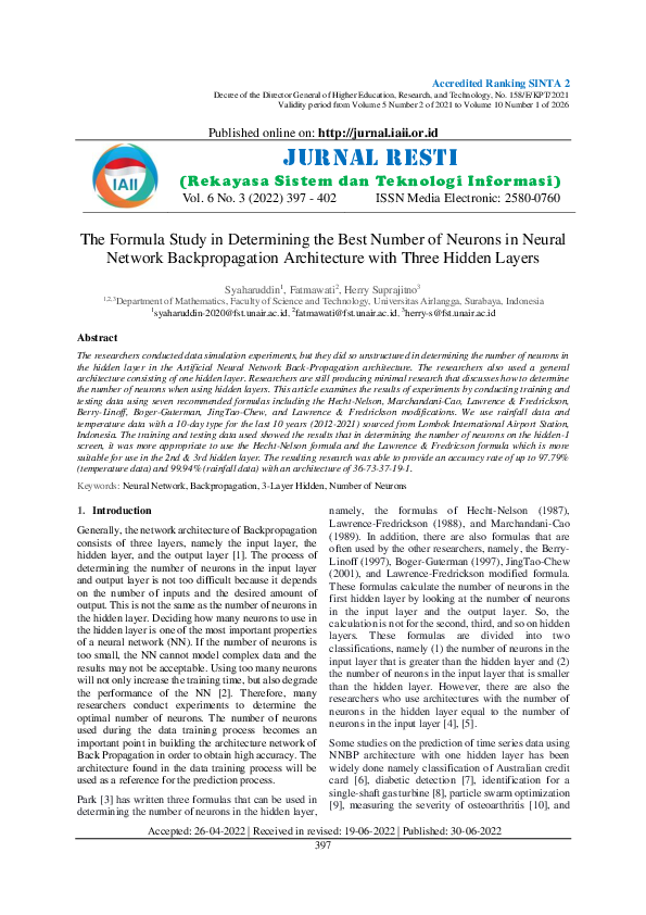 (PDF) The Formula Study in Determining the Best Number of Neurons in Neural Network ...