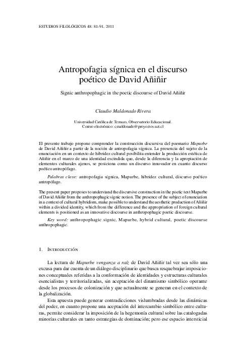 (PDF) Antropofagia sígnica en el discurso poético de David Añiñir