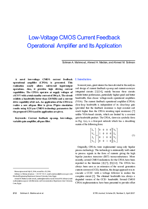 (PDF) Low-Voltage CMOS Current Feedback Operational Amplifier and Its Application