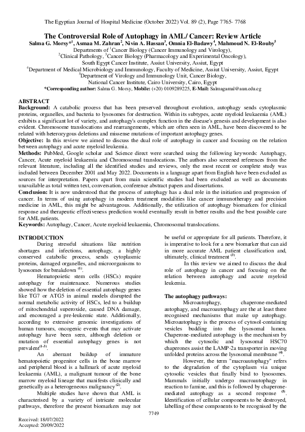 (PDF) The Controversial Role of Autophagy in AML/ Cancer: Review Article