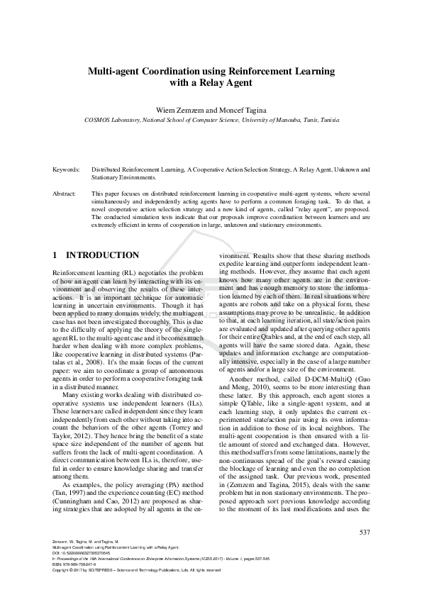 (PDF) Multi-agent Coordination using Reinforcement Learning with a Relay Agent