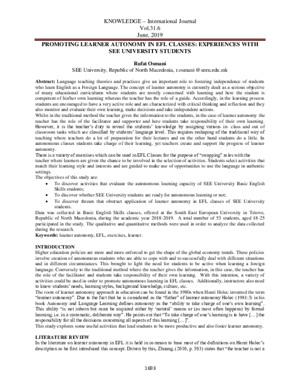 (PDF) Promoting Learner Autonomy in Efl Classes: Experiences with See University Students