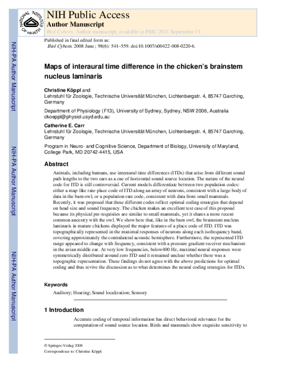 Pdf Maps Of Interaural Time Difference In The Chickens Brainstem Nucleus Laminaris