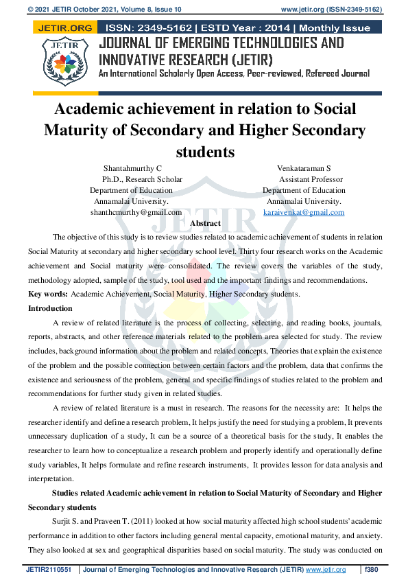 (PDF) Academic achievement in relation to Social Maturity of Secondary ...
