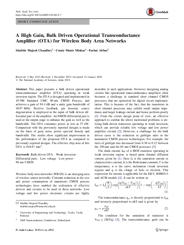 Pdf A High Gain Bulk Driven Operational Transconductance Amplifier Ota For Wireless Body 
