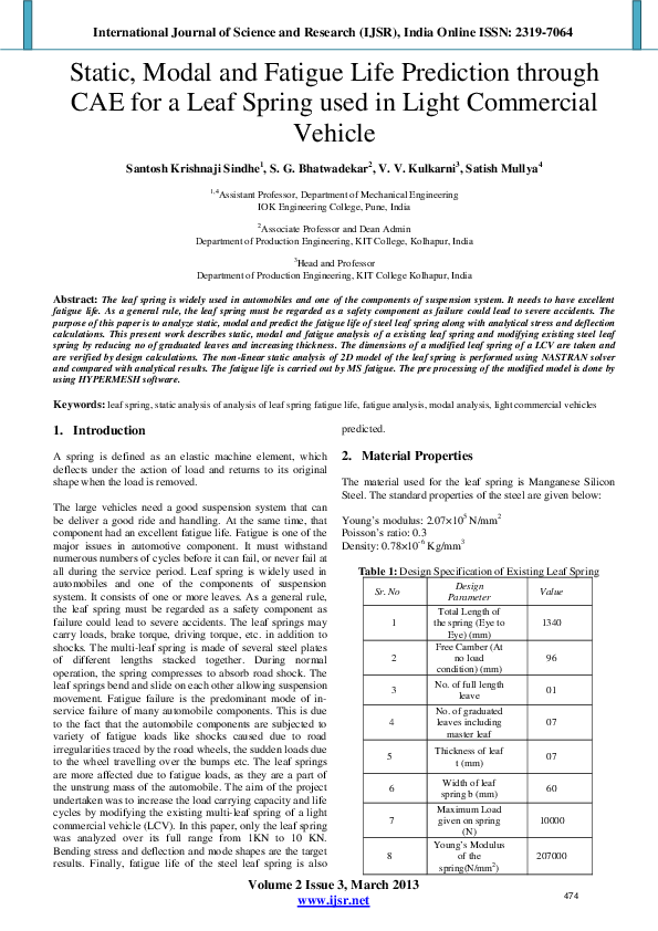 (PDF) Static, Modal and Fatigue Life Prediction through CAE for a Leaf Spring used in Light ...