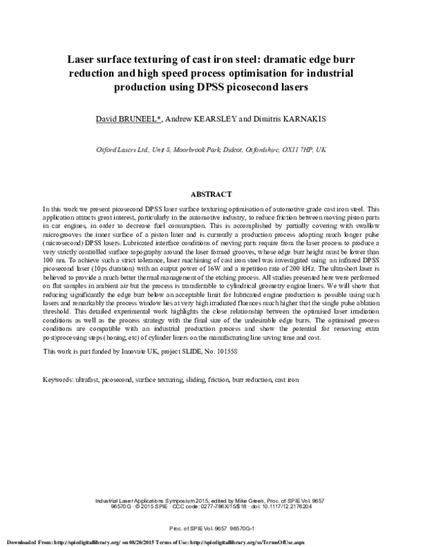 (PDF) Laser surface texturing of cast iron steel: dramatic edge burr reduction and high speed ...