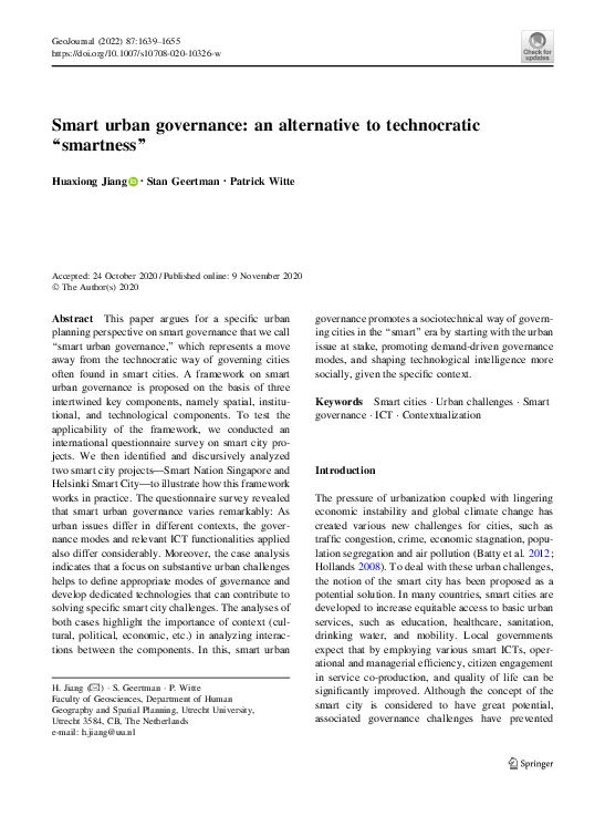 (PDF) Smart urban governance: an alternative to technocratic “smartness”