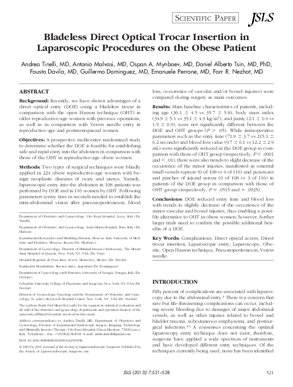 (PDF) Bladeless Direct Optical Trocar Insertion in Laparoscopic ...