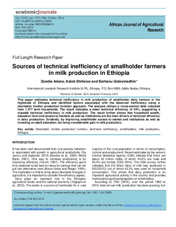 (PDF) Sources of technical inefficiency of smallholder farmers in milk ...
