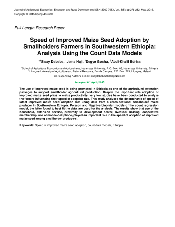 (PDF) Speed of Improved Maize Seed Adoption by Smallholders Farmers in Southwestern Ethiopia ...