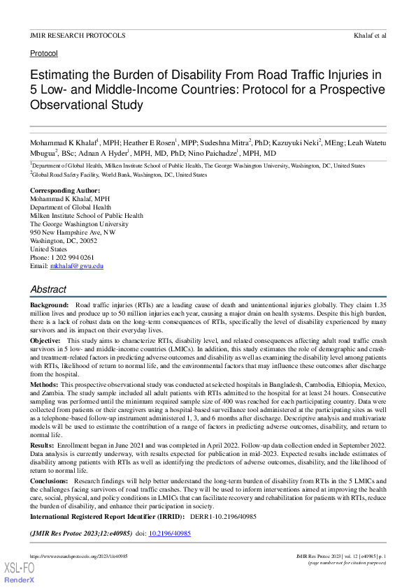 (PDF) Estimating the Burden of Disability From Road Traffic Injuries in ...