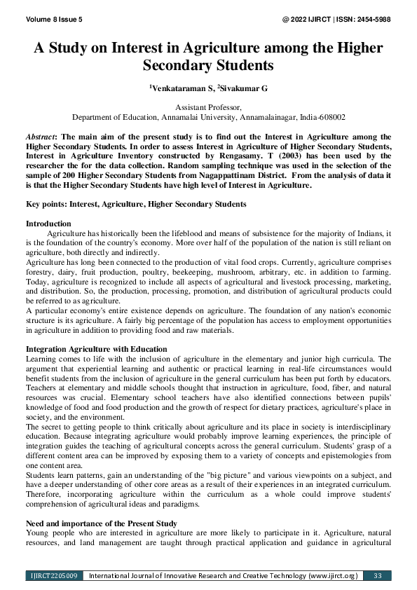 (PDF) A Study on Interest in Agriculture among the Higher Secondary ...