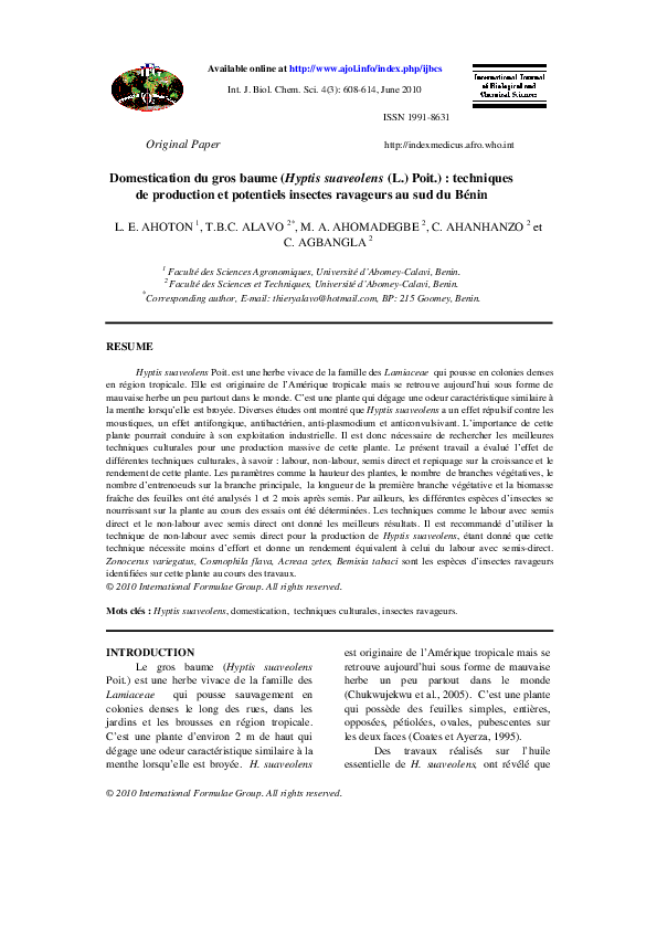 (PDF) Domestication du gros baume ( Hyptis suaveolens (L.) Poit ...