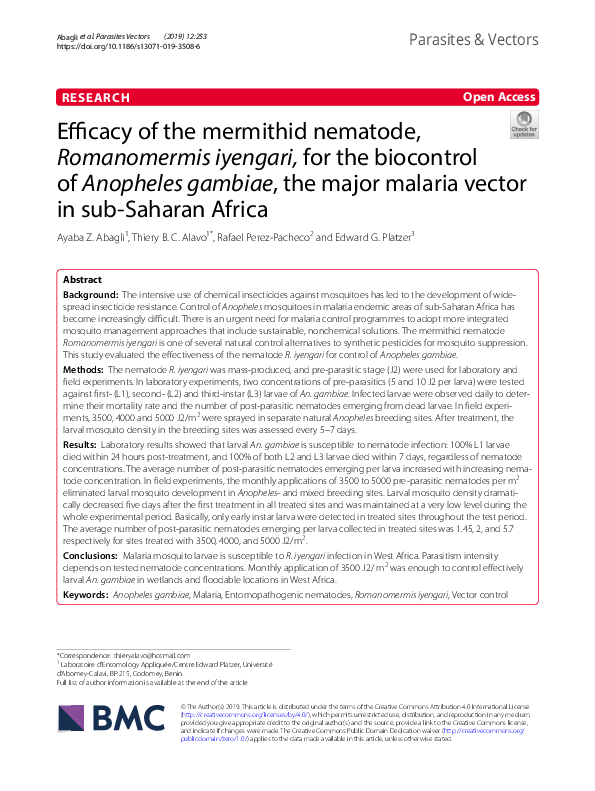 (PDF) Efficacy of a mermithid nematode Romanomermis iyengari (Welch ...