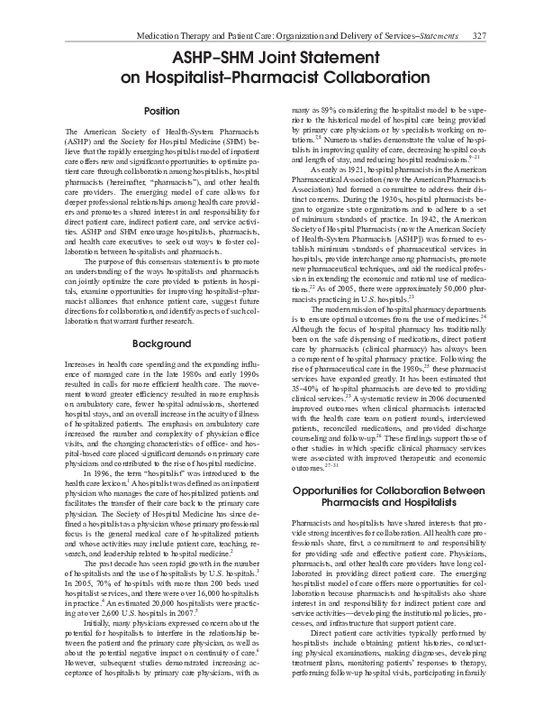 (PDF) ASHP–SHM Joint Statement on Hospitalist–Pharmacist Collaboration