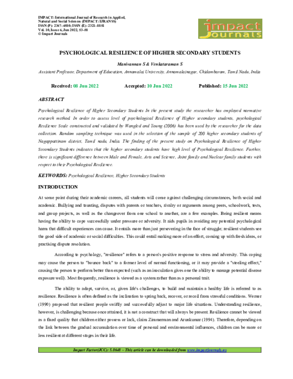 (PDF) PSYCHOLOGICAL RESILIENCE OF HIGHER SECONDARY STUDENTS