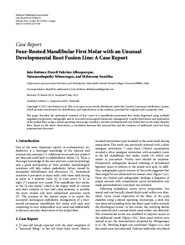 (PDF) Four-Rooted Mandibular First Molar with an Unusual Developmental ...