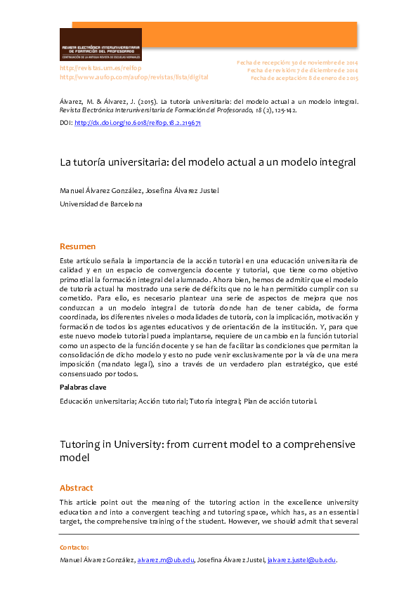 (PDF) La tutoría universitaria: del modelo actual a un modelo integral