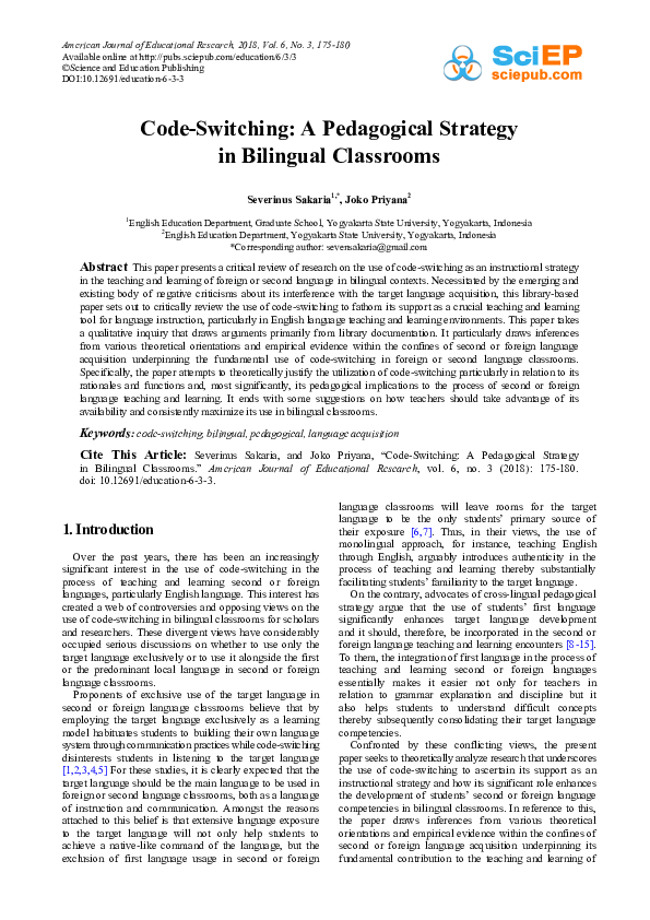 (PDF) Code-Switching: A Pedagogical Strategy in Bilingual Classrooms