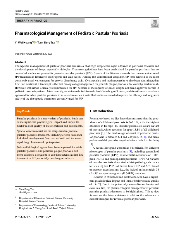 (PDF) Pharmacological Management of Pediatric Pustular Psoriasis