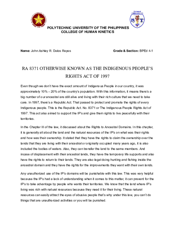 (DOC) RA 8371 OTHERWISE KNOWN AS THE INDIGENOUS PEOPLE'S RIGHTS ACT OF 1997