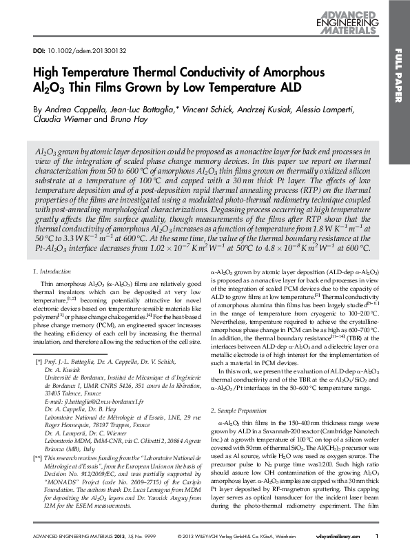 (PDF) High Temperature Thermal Conductivity of Amorphous Al2O3Thin ...